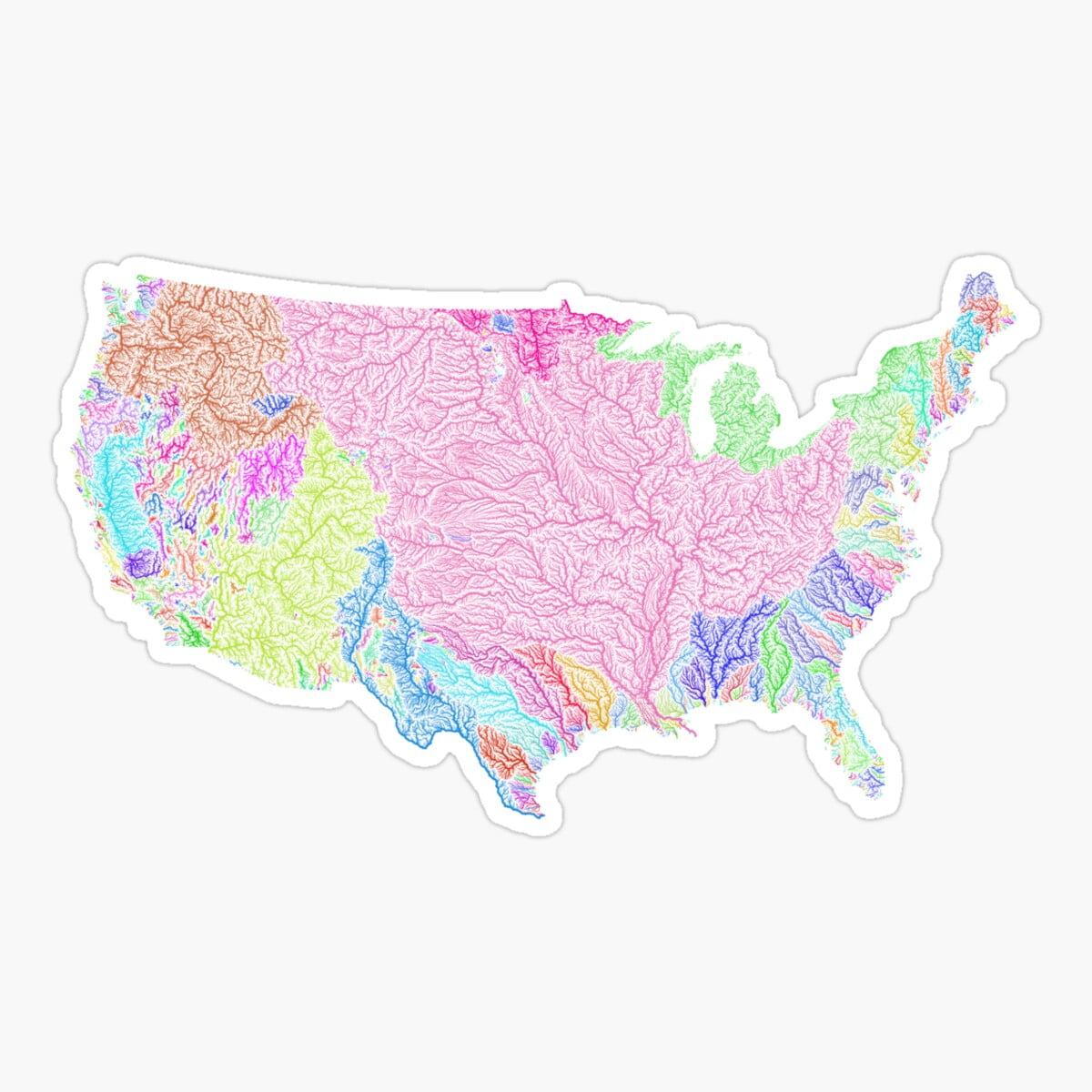 Maneki United States River Basin Map In Rainbow Colours With White ...