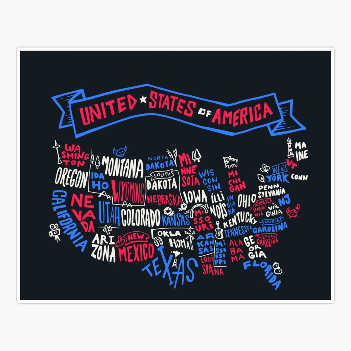 Maneki United States Word Map Sticker, Phone Decal Water Bottle ...