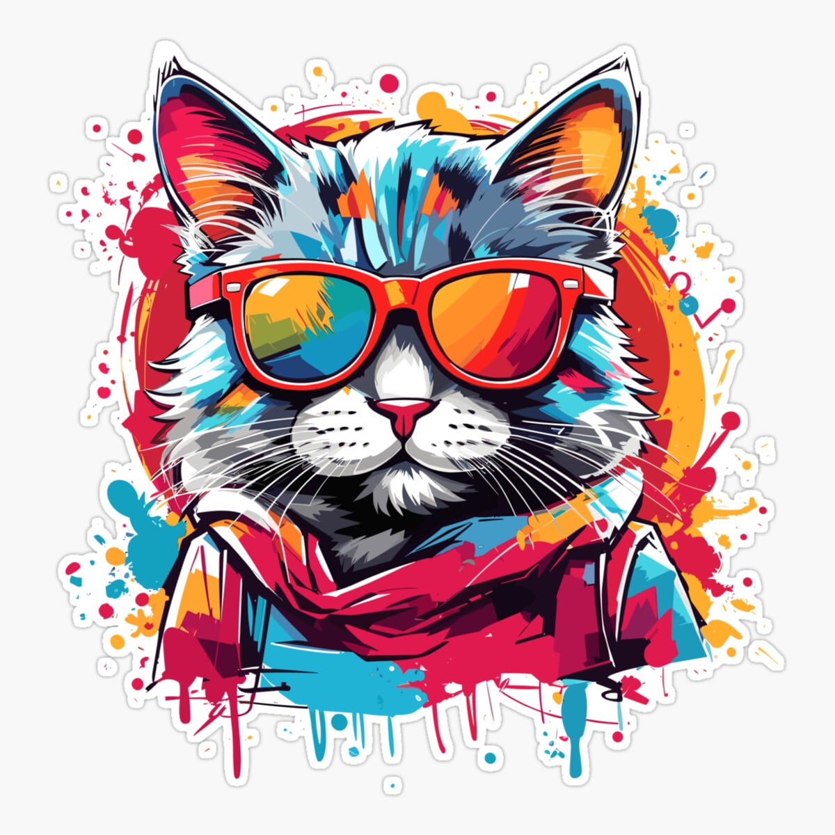 Maneki Unny Design Color Cat Wearing Sungles Meow Retro T-Shirt Sticker ...