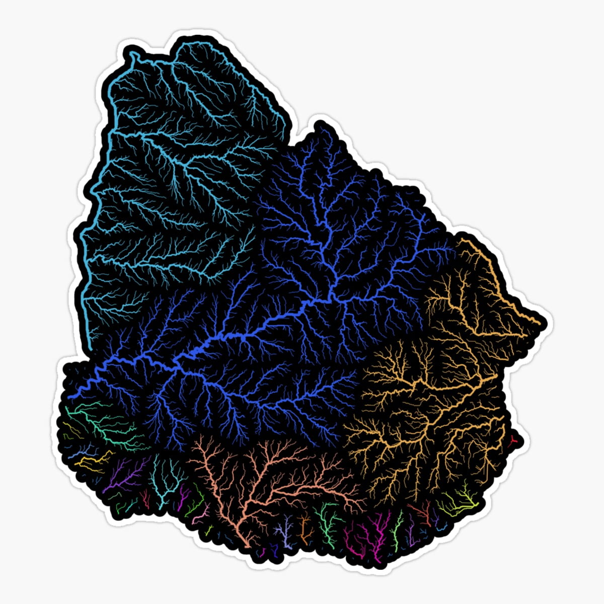 Maneki Uruguay River Basin Map In Rainbow Colours With Black Background ...