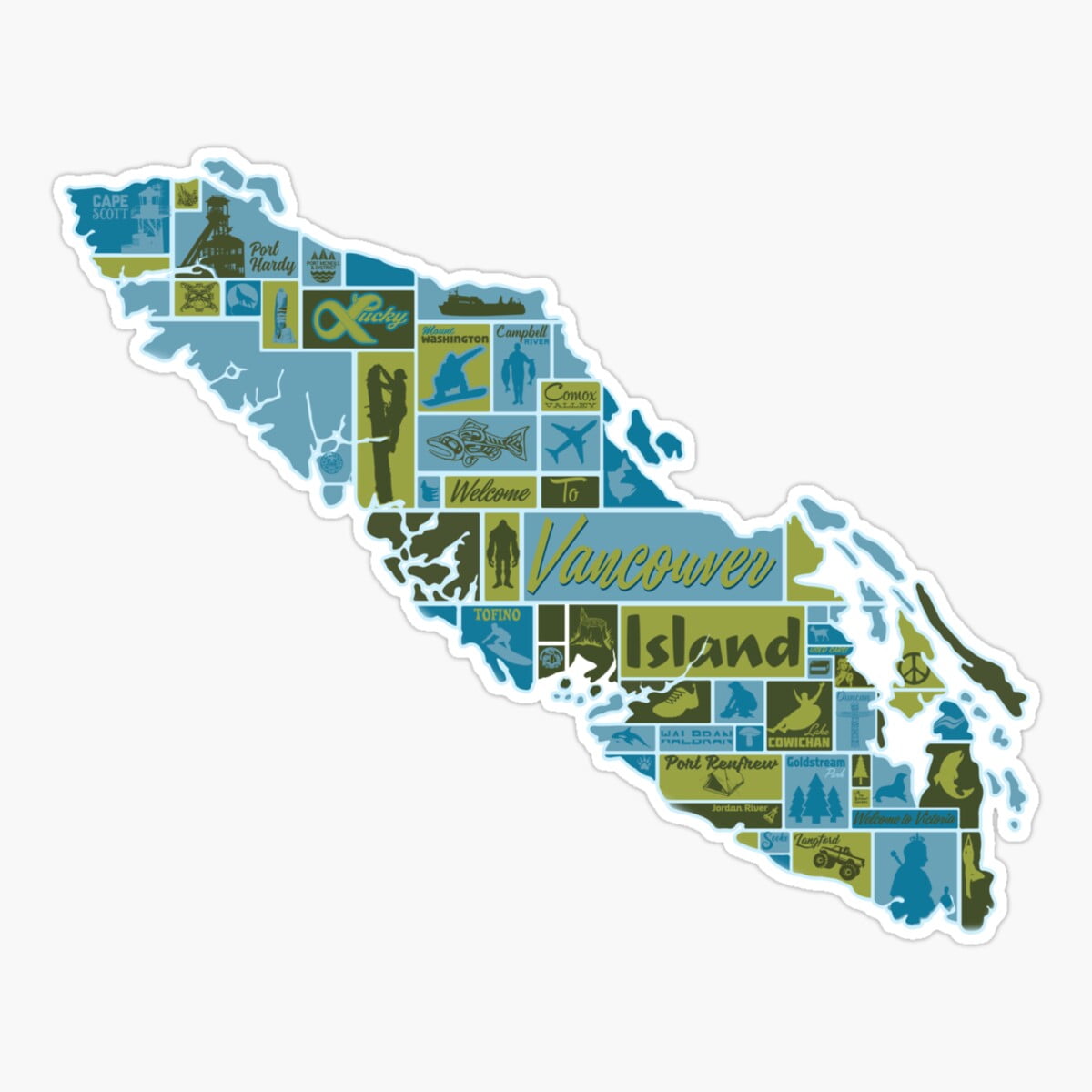 Maneki Vancouver Island: Pictorial Map Sticker, Phone Decal Water ...