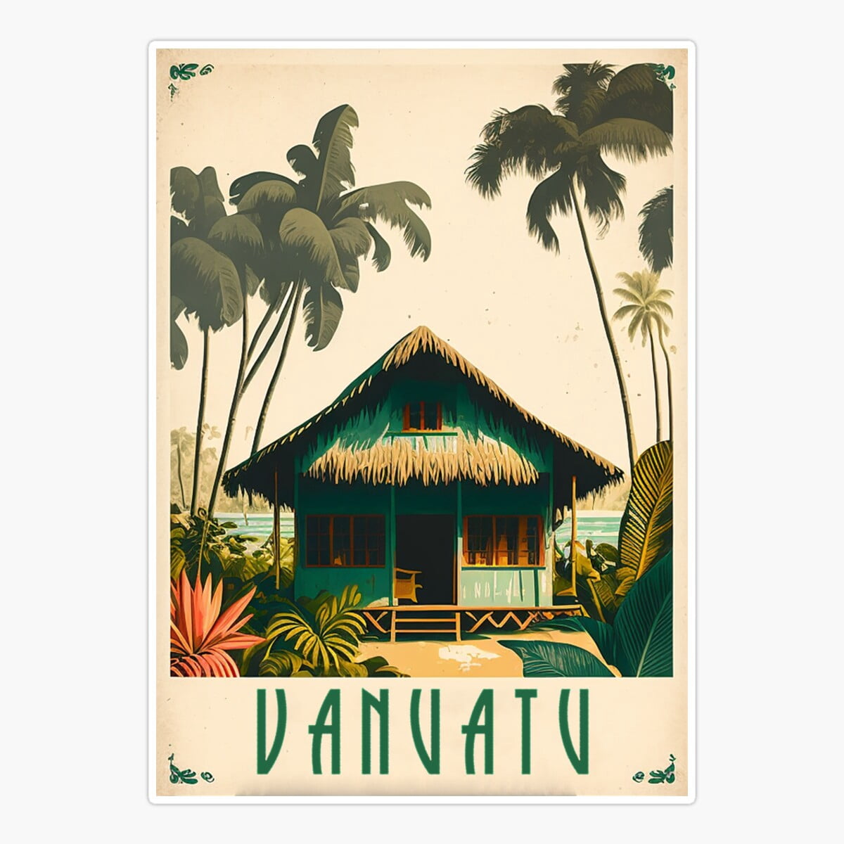 Maneki Vanuatu Hut Vintage Travel Art Poster Sticker, Phone Decal Water ...