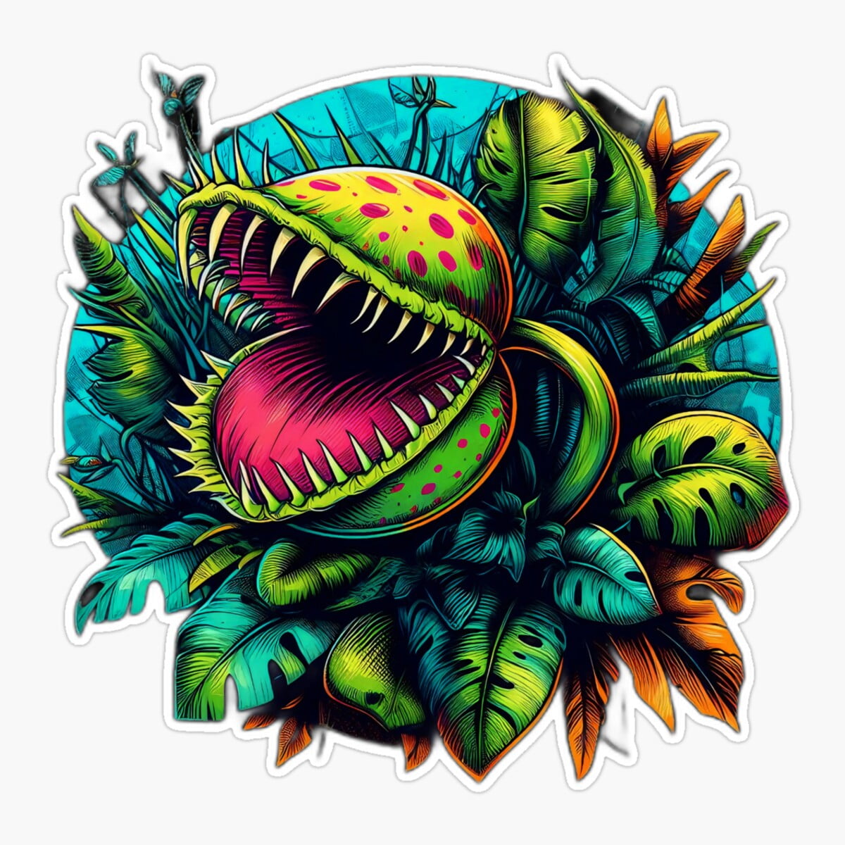Maneki Venus Flytrap Jungle With Exotic Monstera Plants Many Colors Sticker, Phone Decal Water ...
