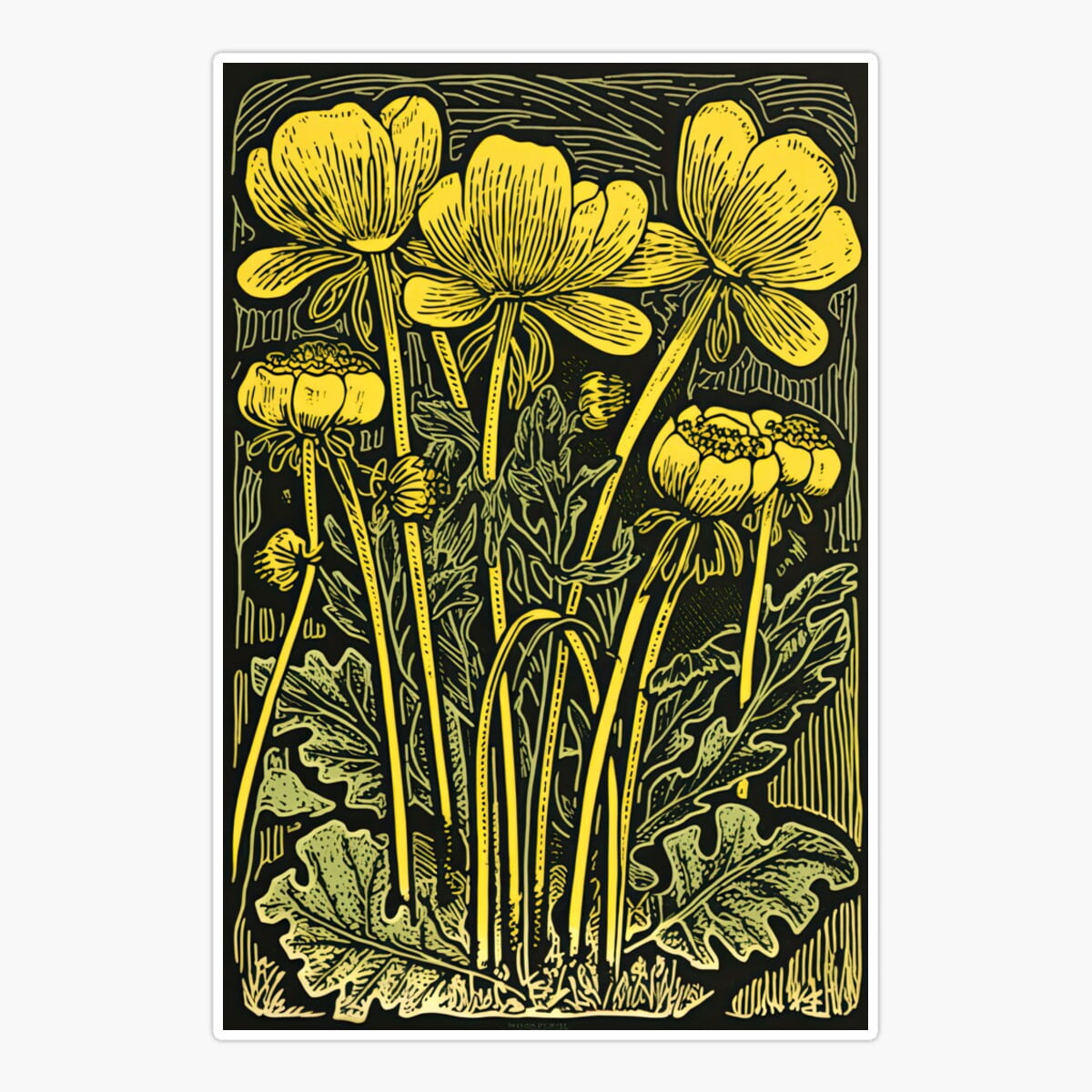 Maneki Vibrant Marsh Marigold Woodcut Style Illustration -- Yellow On ...