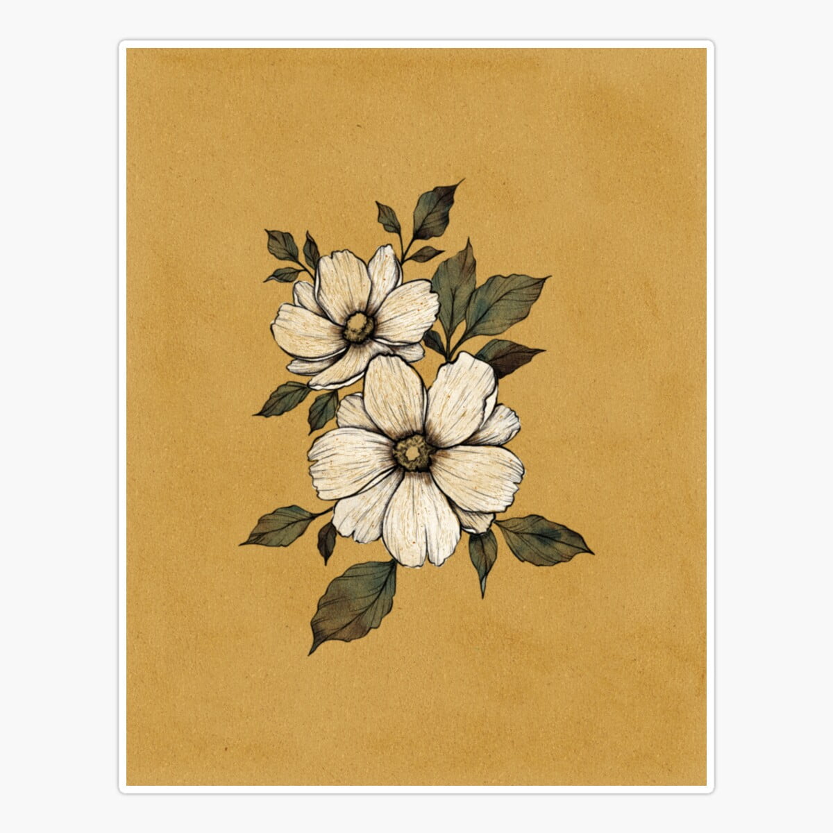 Maneki Victorian Botanical Art White Flower On Mustard Yellow Sticker ...