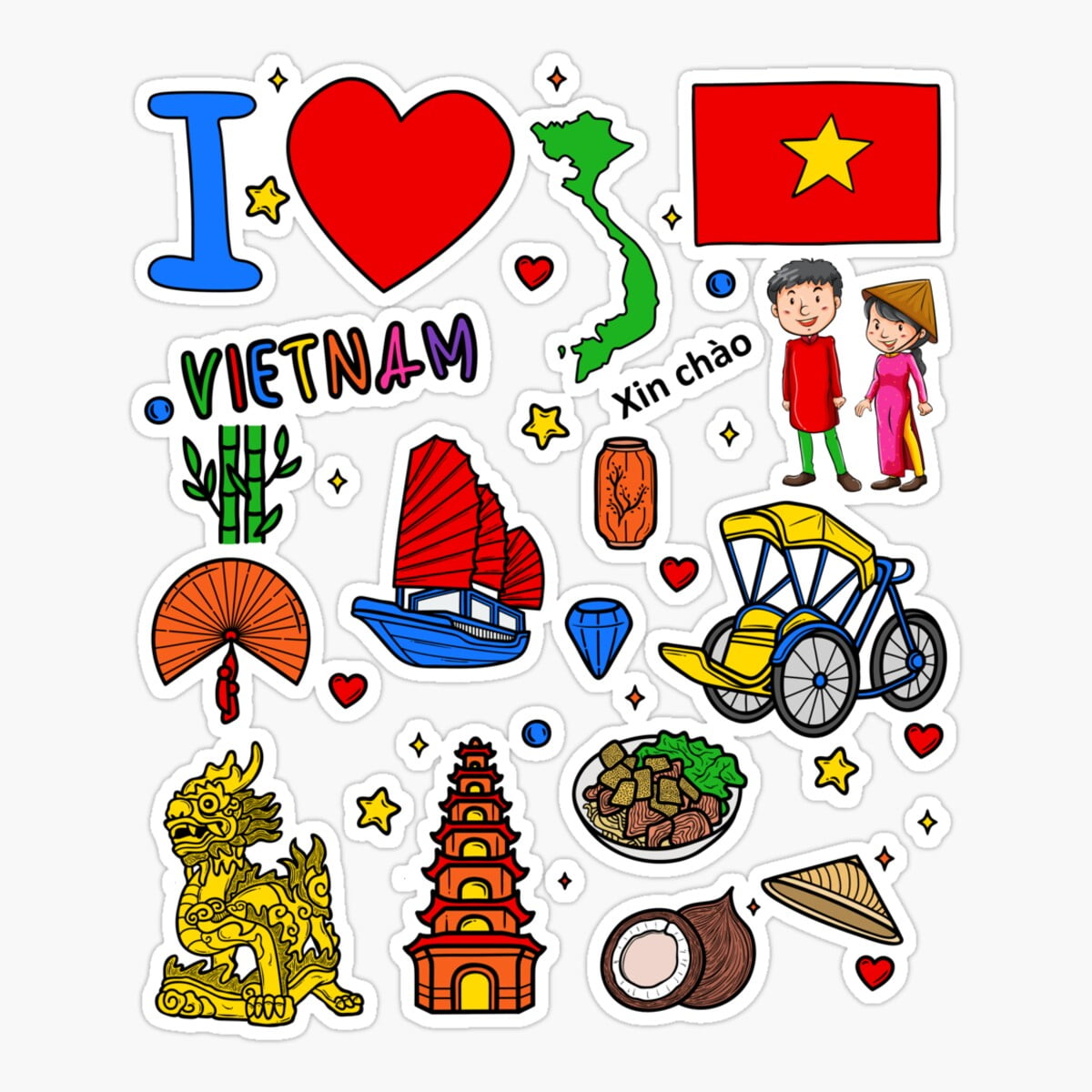 Maneki Vietnamese Hand Drawn Landmarks, Vietnam Map, Culture Icons ...