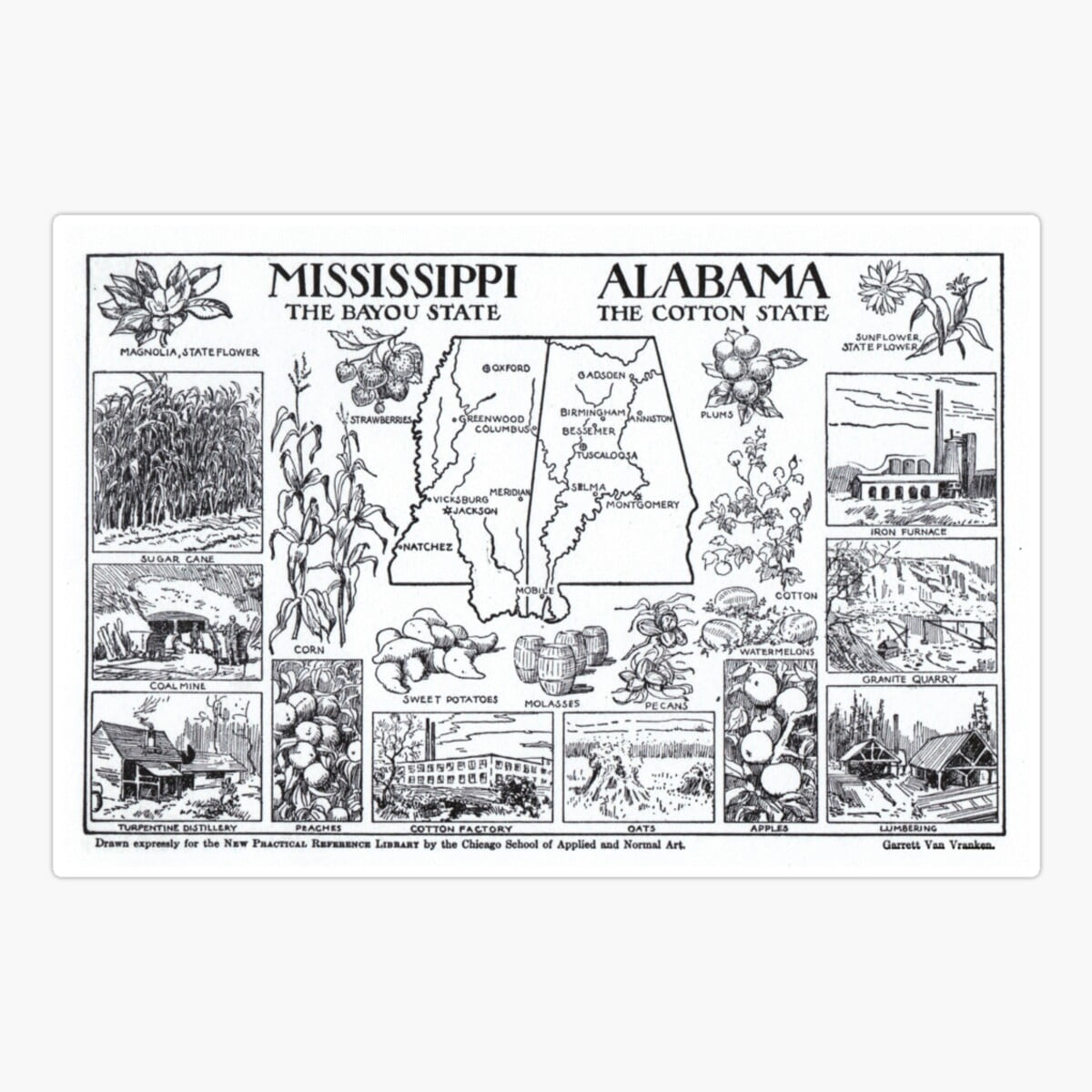 Maneki Vintage Alabama And Mississippi Illustrative Map (1912) Sticker ...