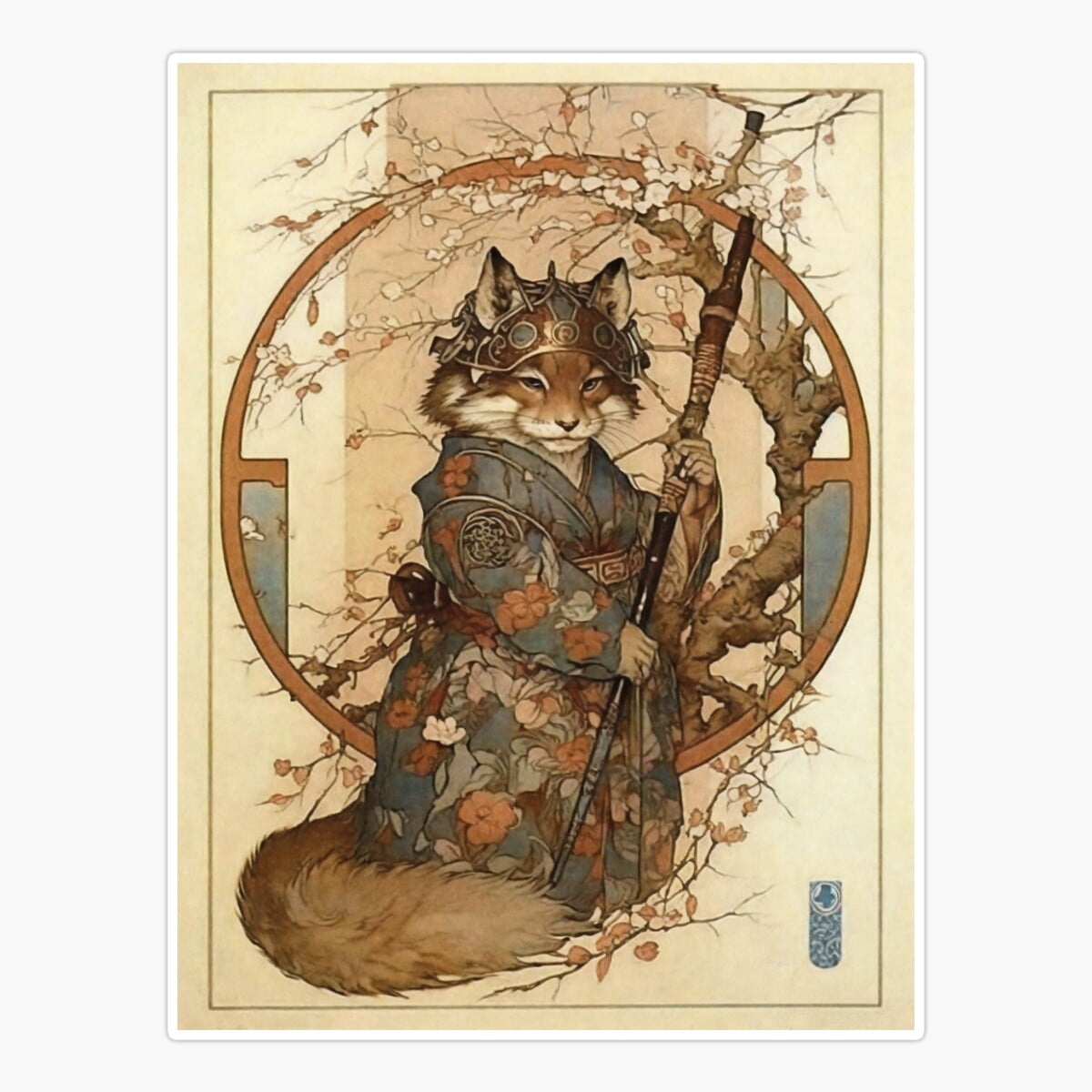Maneki Vintage Art Nouveau Traditional Japanese Tanuki Samurai Sticker ...