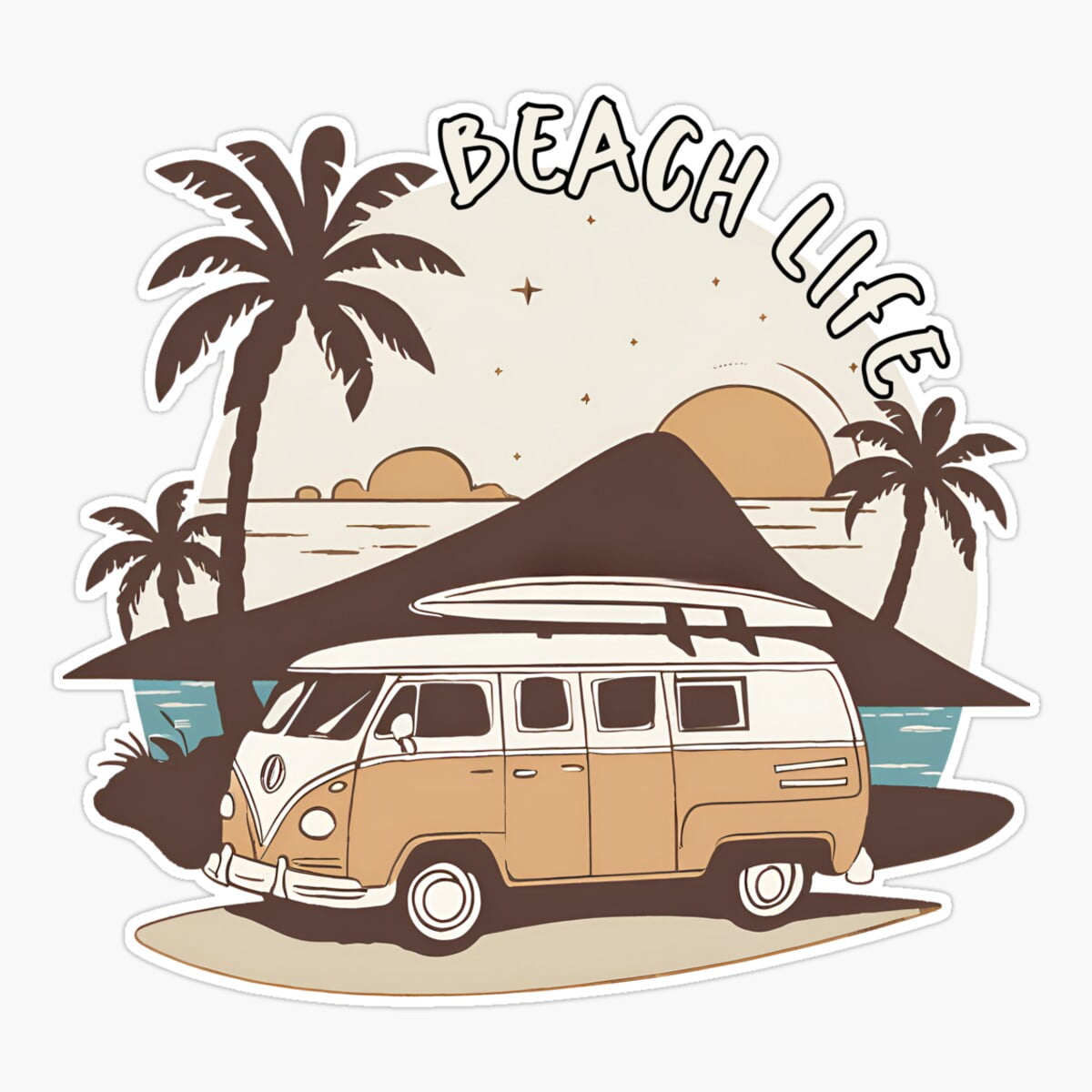 Maneki Vintage Beach Life Van Sunset Illustration Sticker, Phone Decal ...