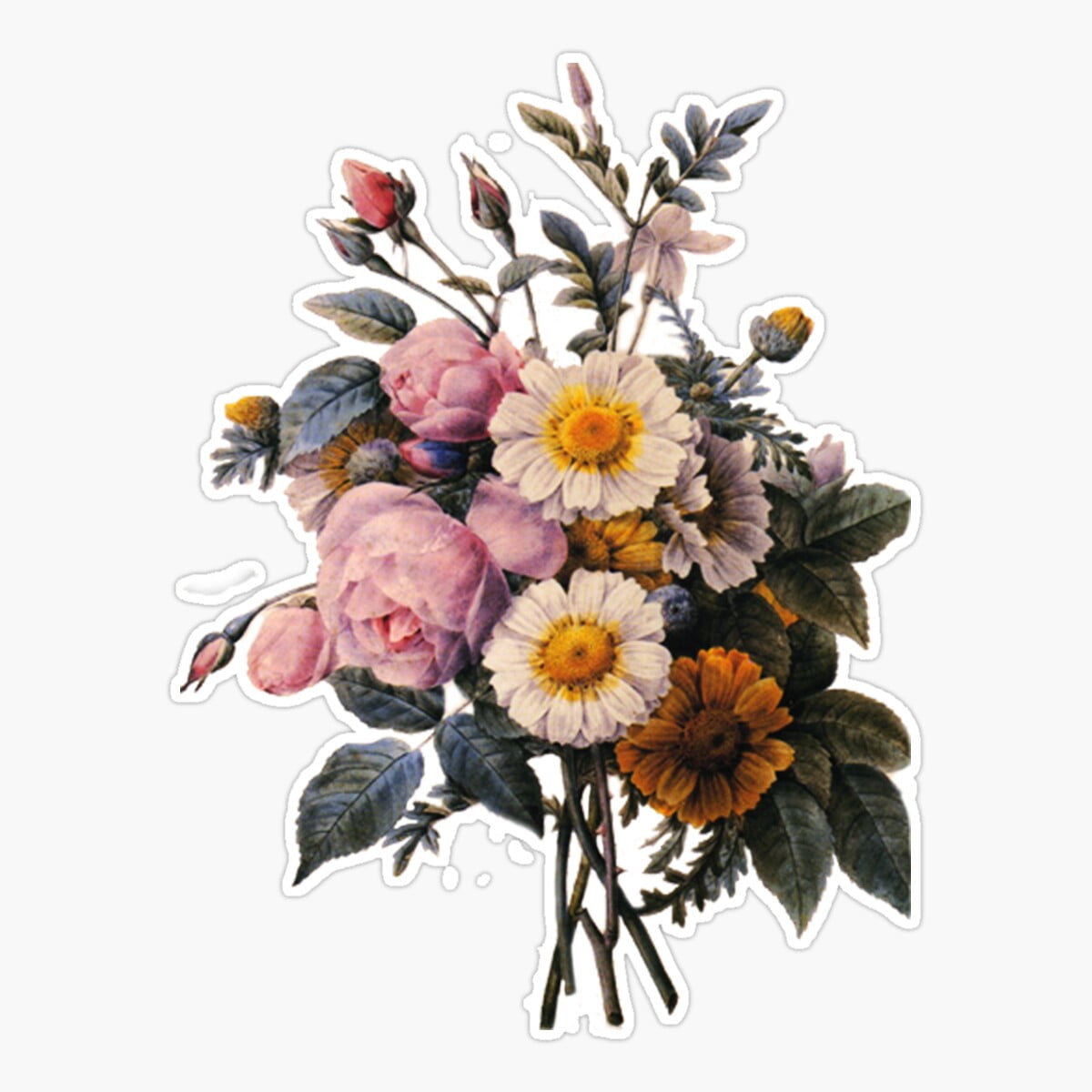 Maneki Vintage Botanical Art, Beautiful Yellow Daisy And Pink Rose ...