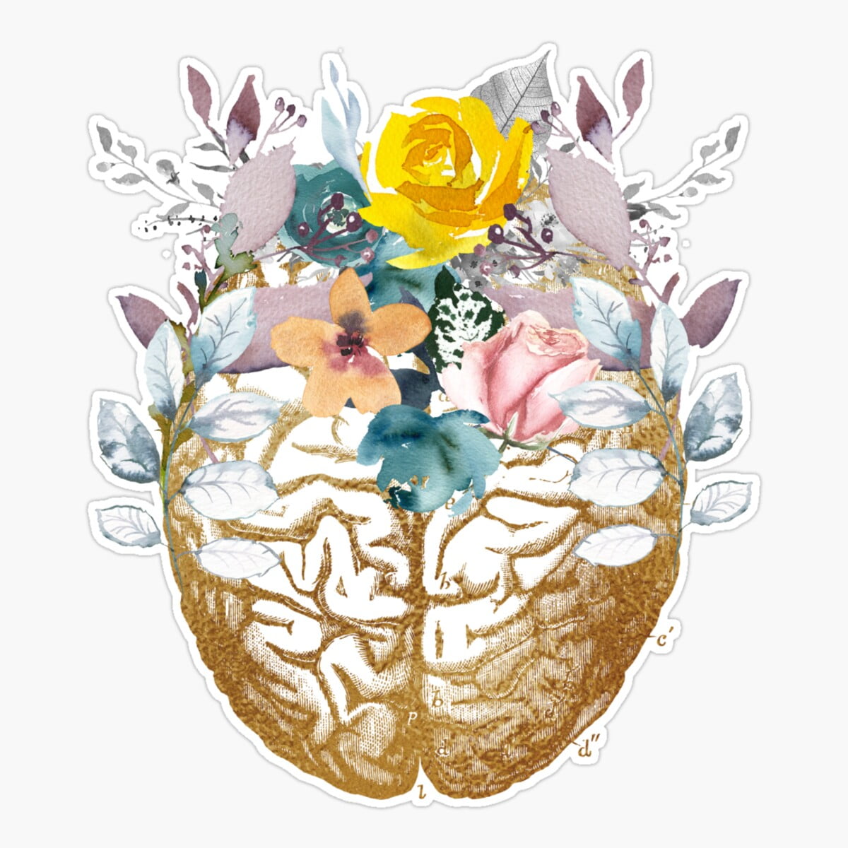 Maneki Vintage Brain Anatomy With Blue And Yellow Watercolor Flowers ...