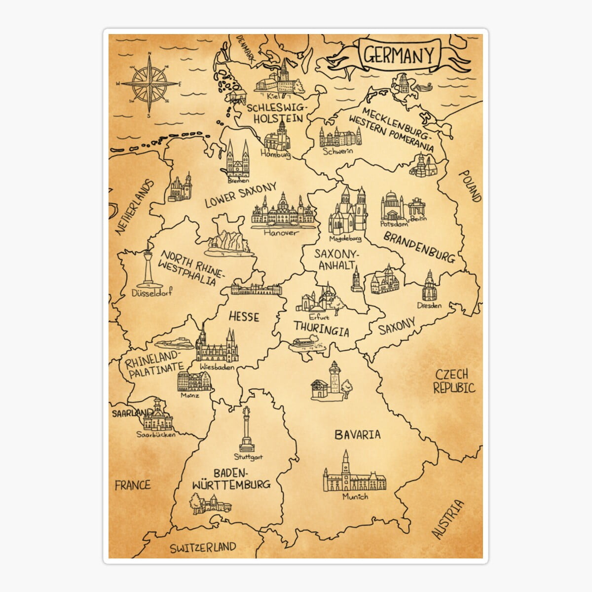 Maneki Vintage Brown Map O Germany Sticker, Phone Decal Water Bottle ...