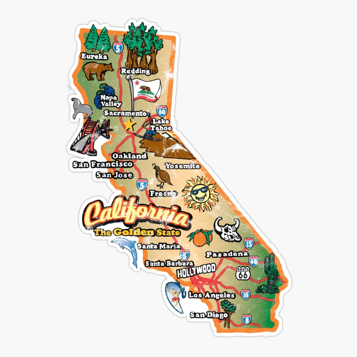 Maneki Vintage California State Map With Pictures (Distressed) Sticker ...