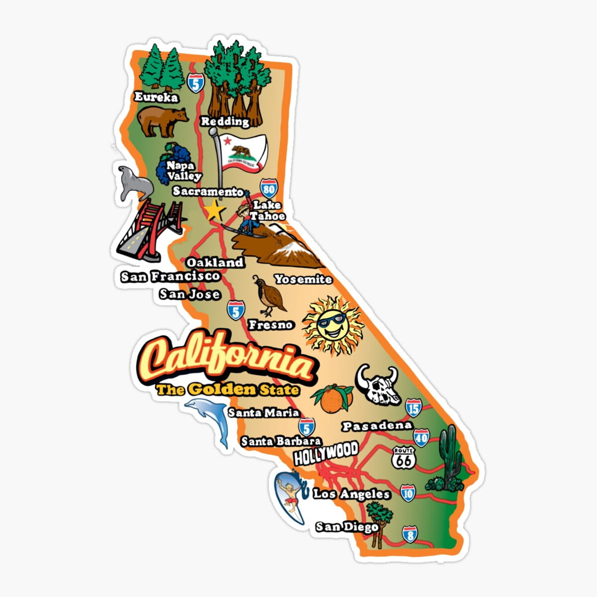 Maneki Vintage California State Map With Pictures Sticker, Phone Decal ...