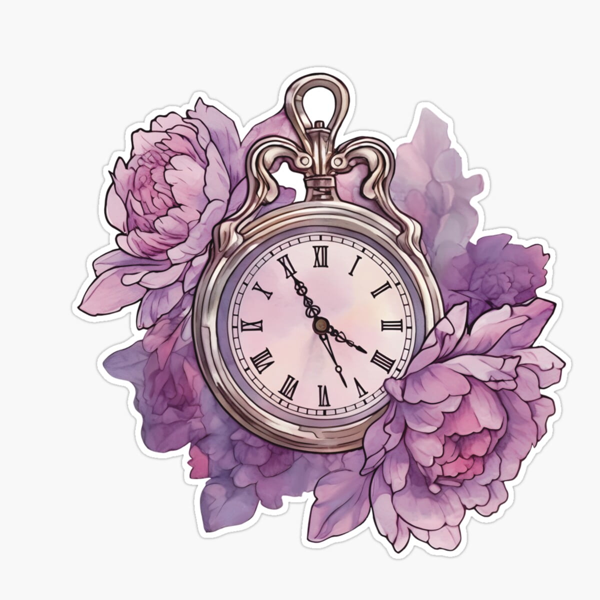 Maneki Vintage Clock Watercolor Purple Peonies Sticker, Phone Decal ...