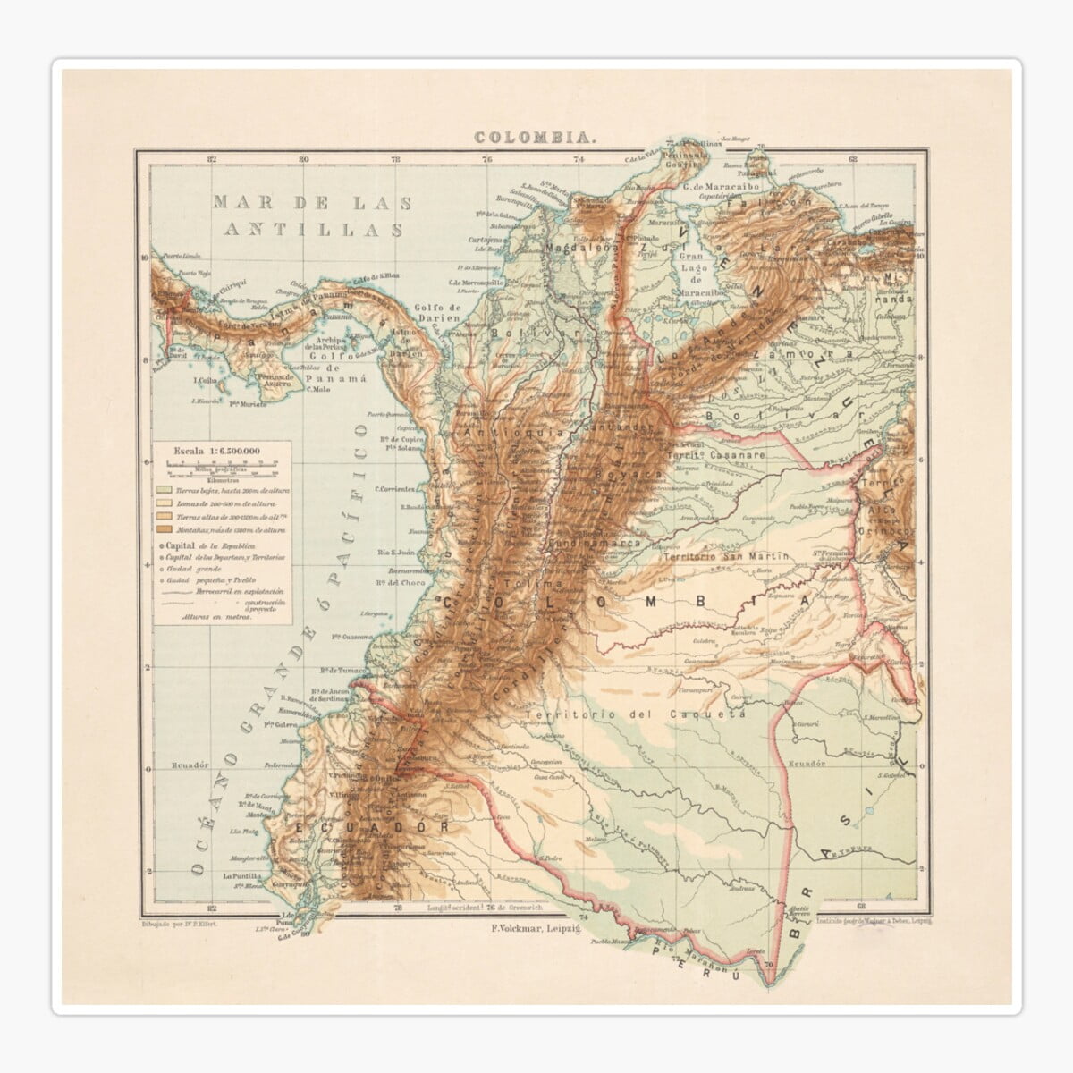 Maneki Vintage Colombia Map (1875) Sticker, Phone Decal Water Bottle ...