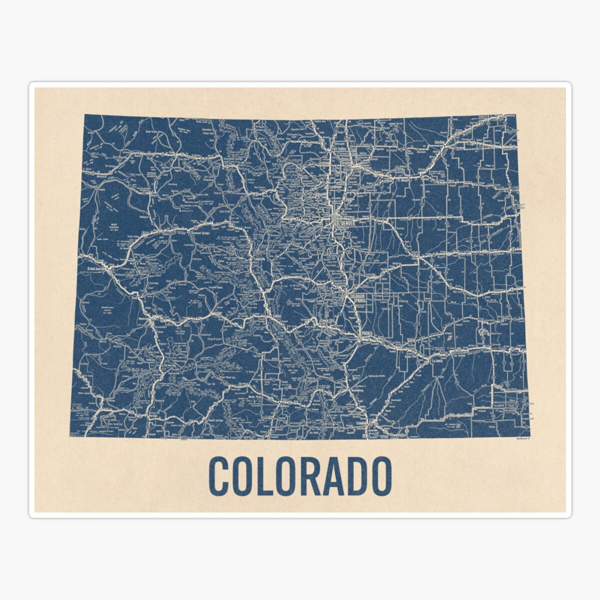 Maneki Vintage Colorado Road Map, Blue On Beige #1 Sticker, Phone Decal ...