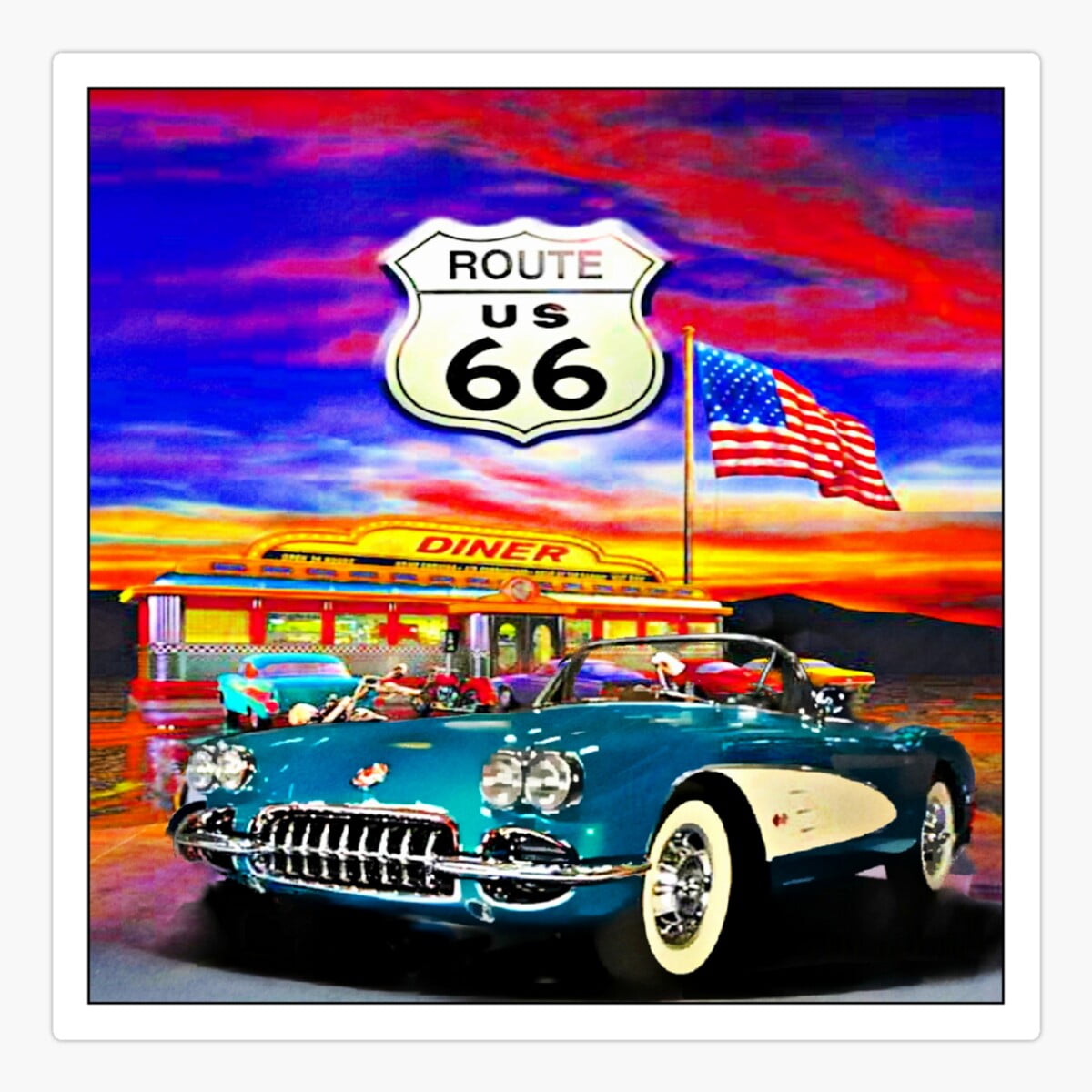 Maneki Vintage Corvette Route 66 Sticker, Phone Decal Water Bottle ...