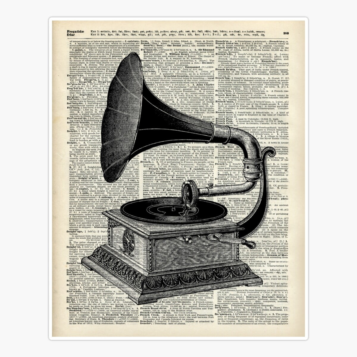 Maneki Vintage Gramophone Record Player Dictionary Art Sticker, Phone ...