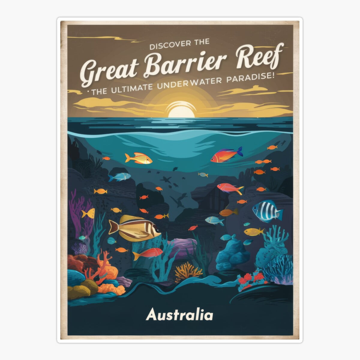 Maneki Vintage Great Barrier Reef Travel Poster - Retro And Minimal Art From Australia Sticker ...