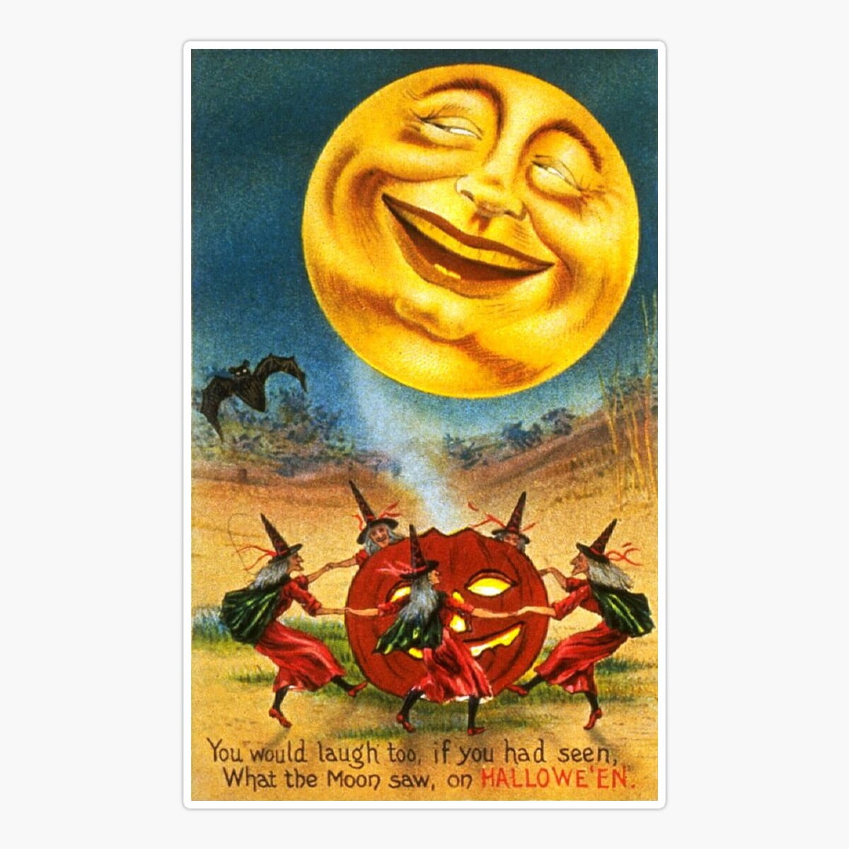 Maneki Vintage Halloween Art - Laughing Moon Sticker, Phone Decal Water ...