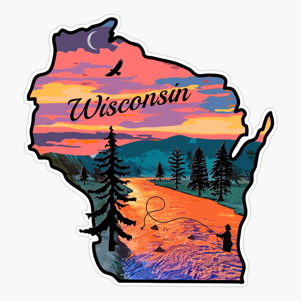 Maneki Vintage Ish Wisconsin Mountains Sunset Stream State Map Wi Ly ...