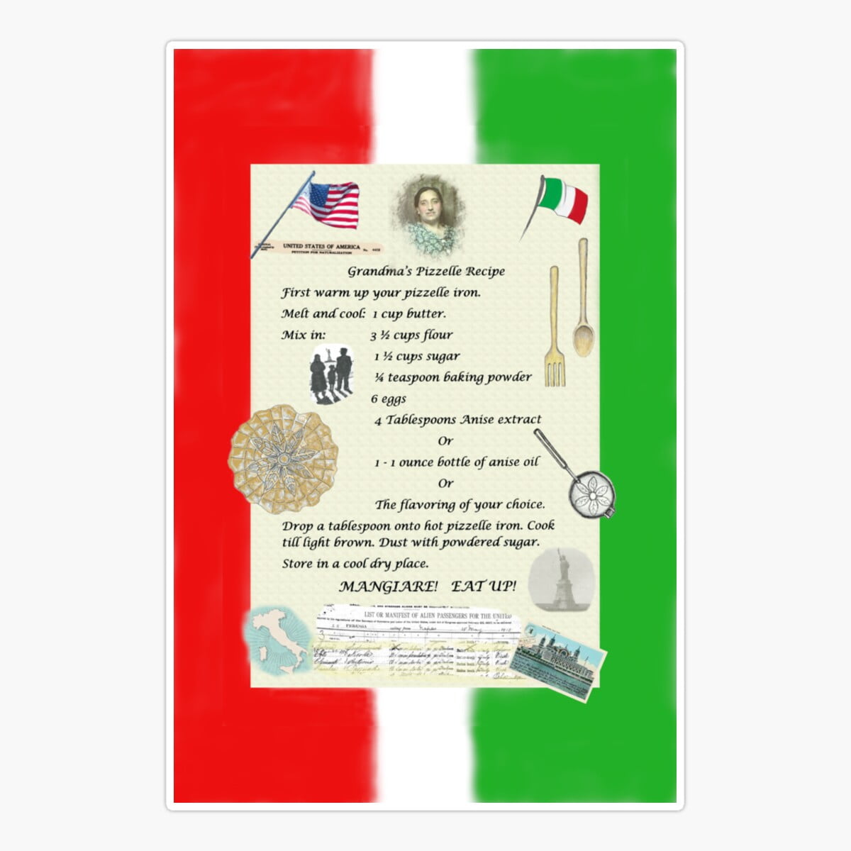 Maneki Vintage Italian Pizzelle Recipe Italian Immigrant Sticker, Phone ...