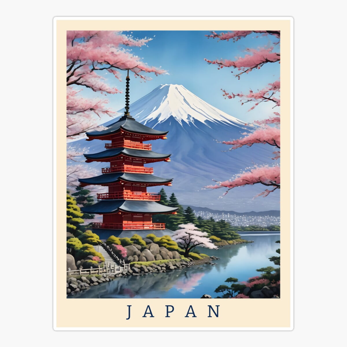 Maneki Vintage Japan Travel Poster – Mount Fuji And Traditional Temple ...
