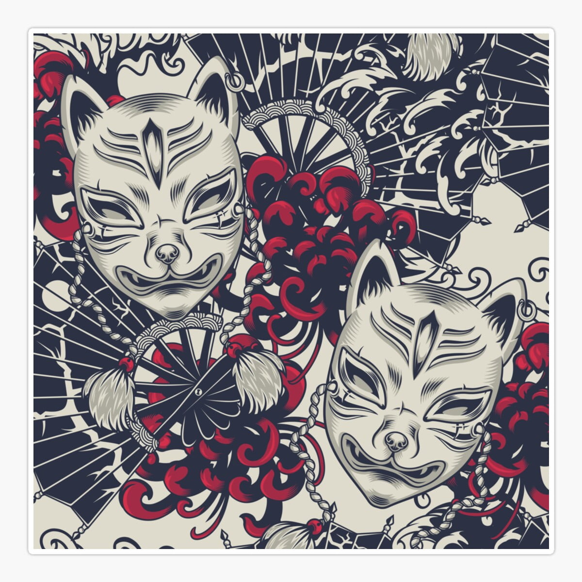 Maneki Vintage Japanese Masks Textile Pattern - Cultural Elegance For ...