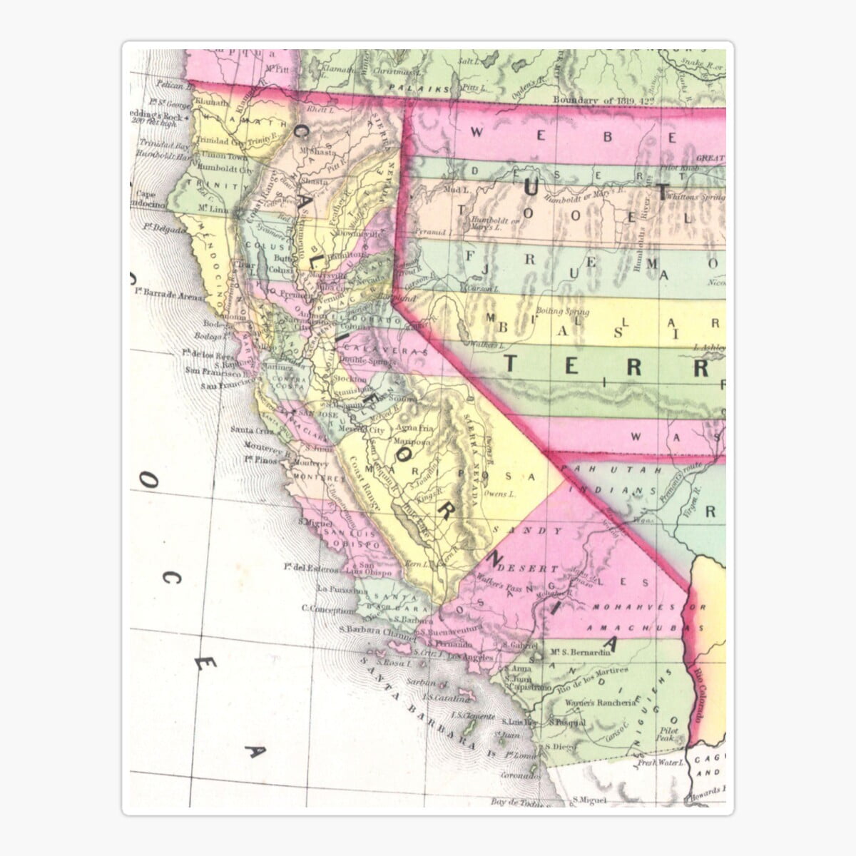 Maneki Vintage Map O Caliornia (1853) Sticker, Phone Decal Water Bottle ...