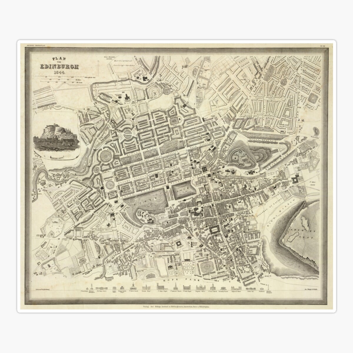 Maneki Vintage Map O Edinburgh Scotland (1844) Sticker, Phone Decal ...