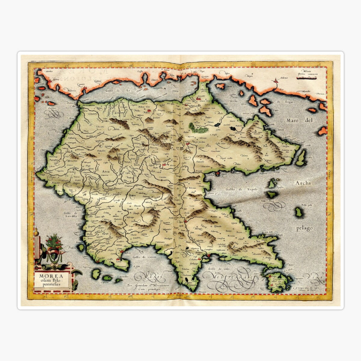 Maneki Vintage Map O Greece (1596) Sticker, Phone Decal Water Bottle ...