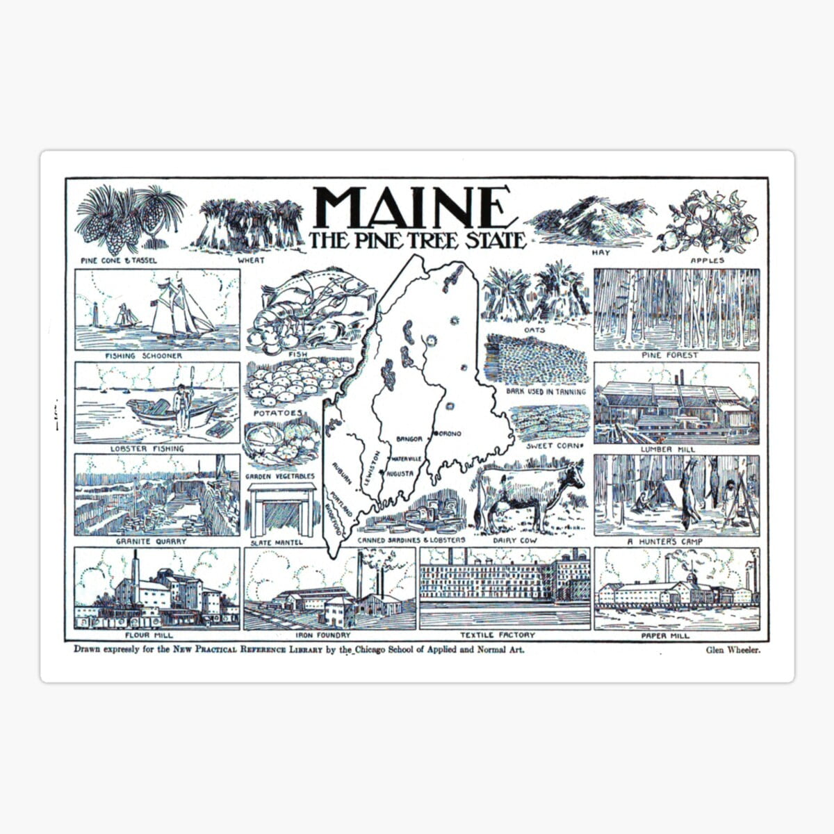 Maneki Vintage Map O Maine (1912) Sticker, Phone Decal Water Bottle ...