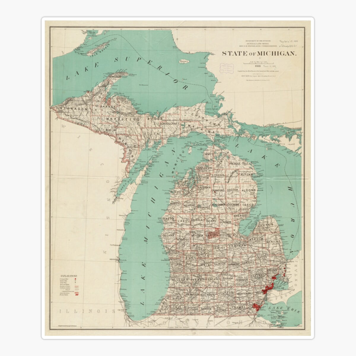 Maneki Vintage Map O Michigan (1888) Sticker, Phone Decal Water Bottle ...
