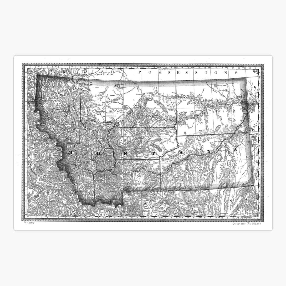 Maneki Vintage Map O Montana (1881) Bw Sticker, Phone Decal Water ...