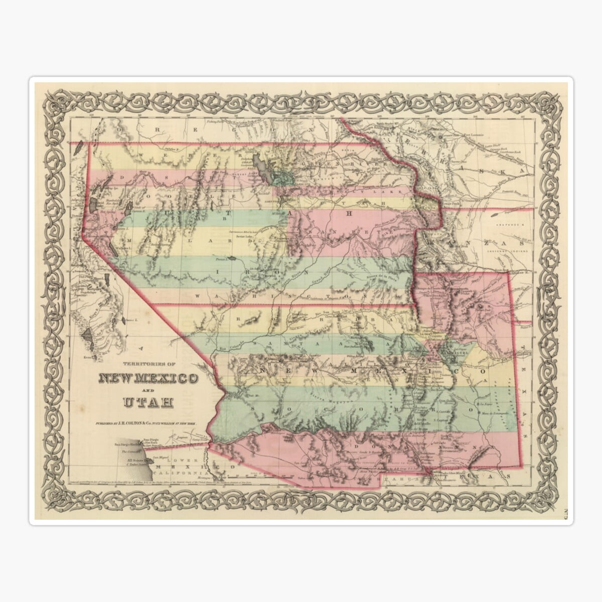 Maneki Vintage Map O New Mexico And Utah (1857) Sticker, Phone Decal ...