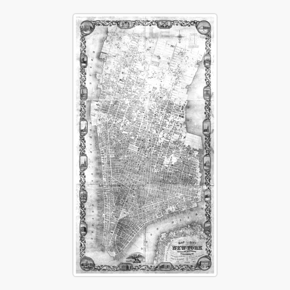Maneki Vintage Map O New York City (1852) Bw Sticker, Phone Decal Water ...