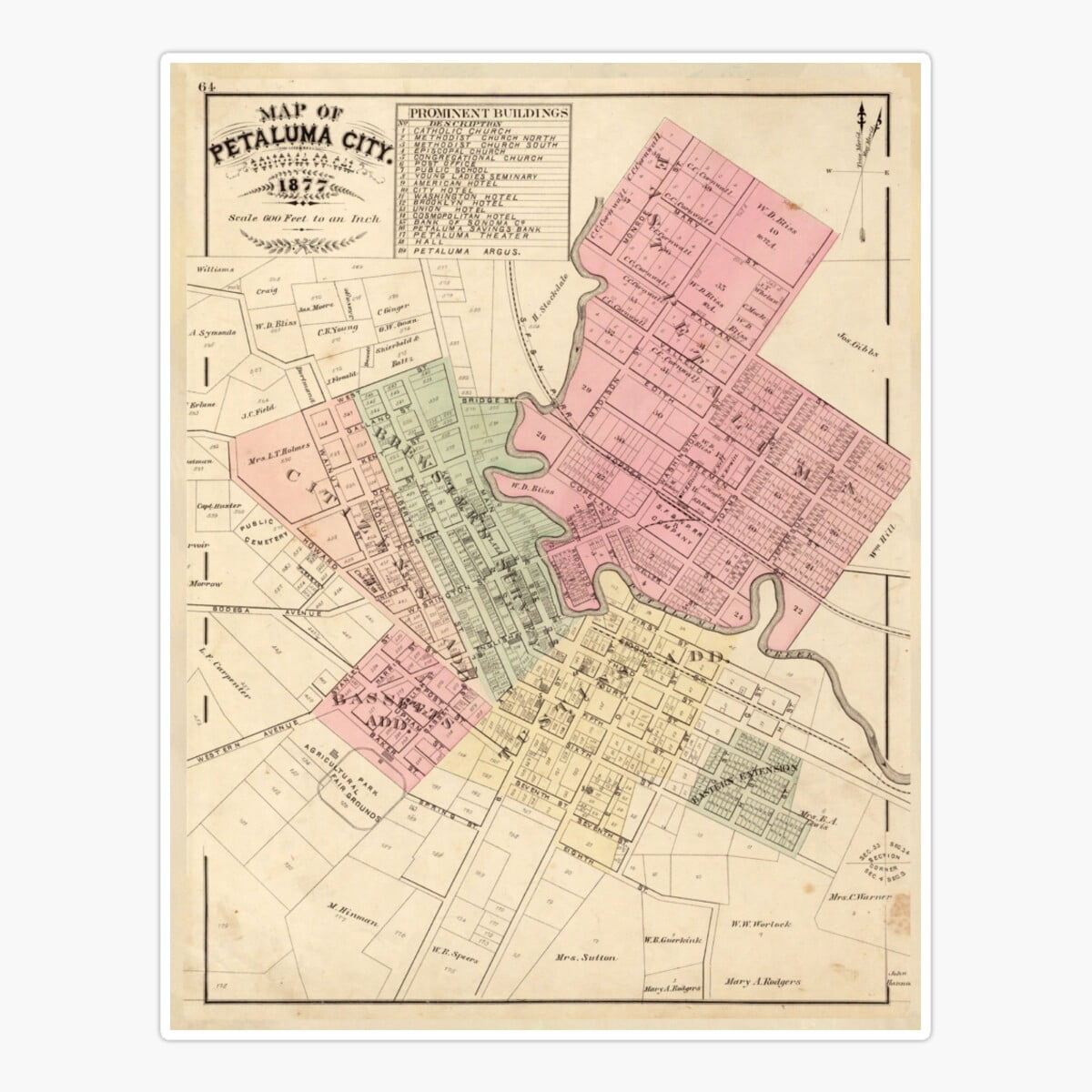 Maneki Vintage Map O Petaluma Ca (1877) Sticker, Phone Decal Water ...
