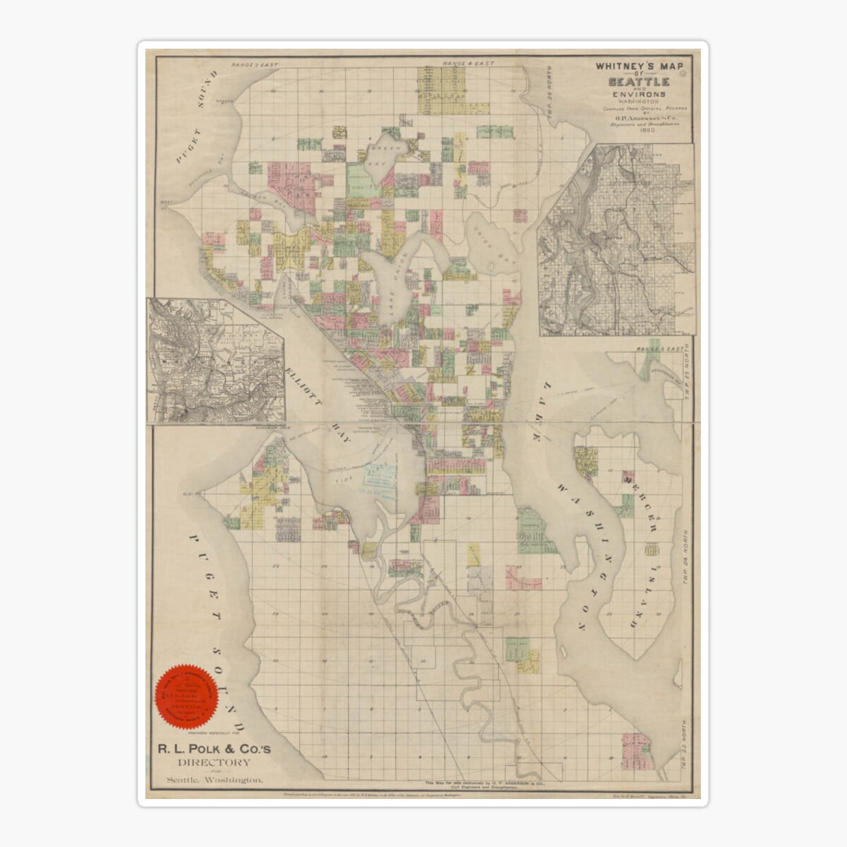 Maneki Vintage Map O Seattle Wa (1890) Sticker, Phone Decal Water ...