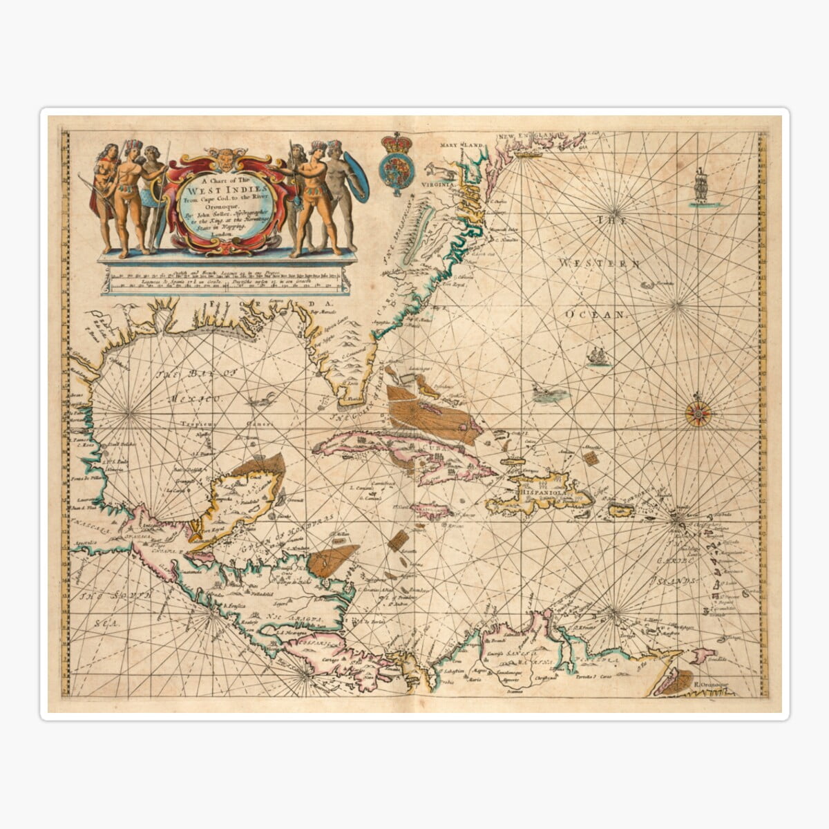 Maneki Vintage Map O The Caribbean (1672) Sticker, Phone Decal Water ...