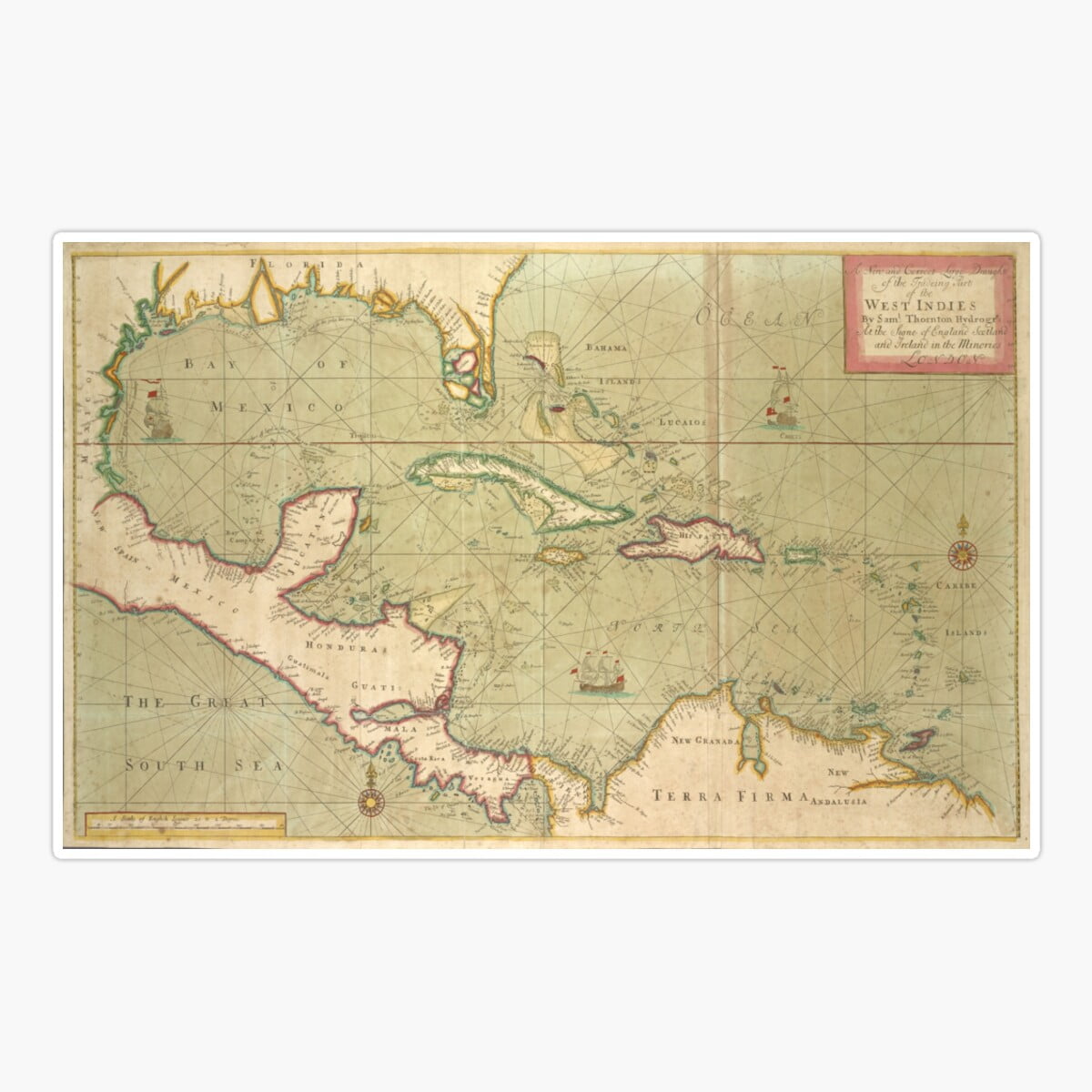 Maneki Vintage Map O The Caribbean (1707) Sticker, Phone Decal Water ...