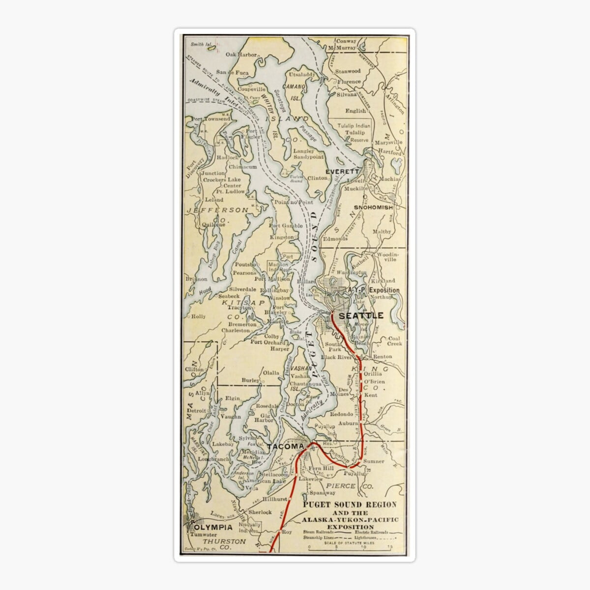 Maneki Vintage Map O The Puget Sound (1909) Sticker, Phone Decal Water ...