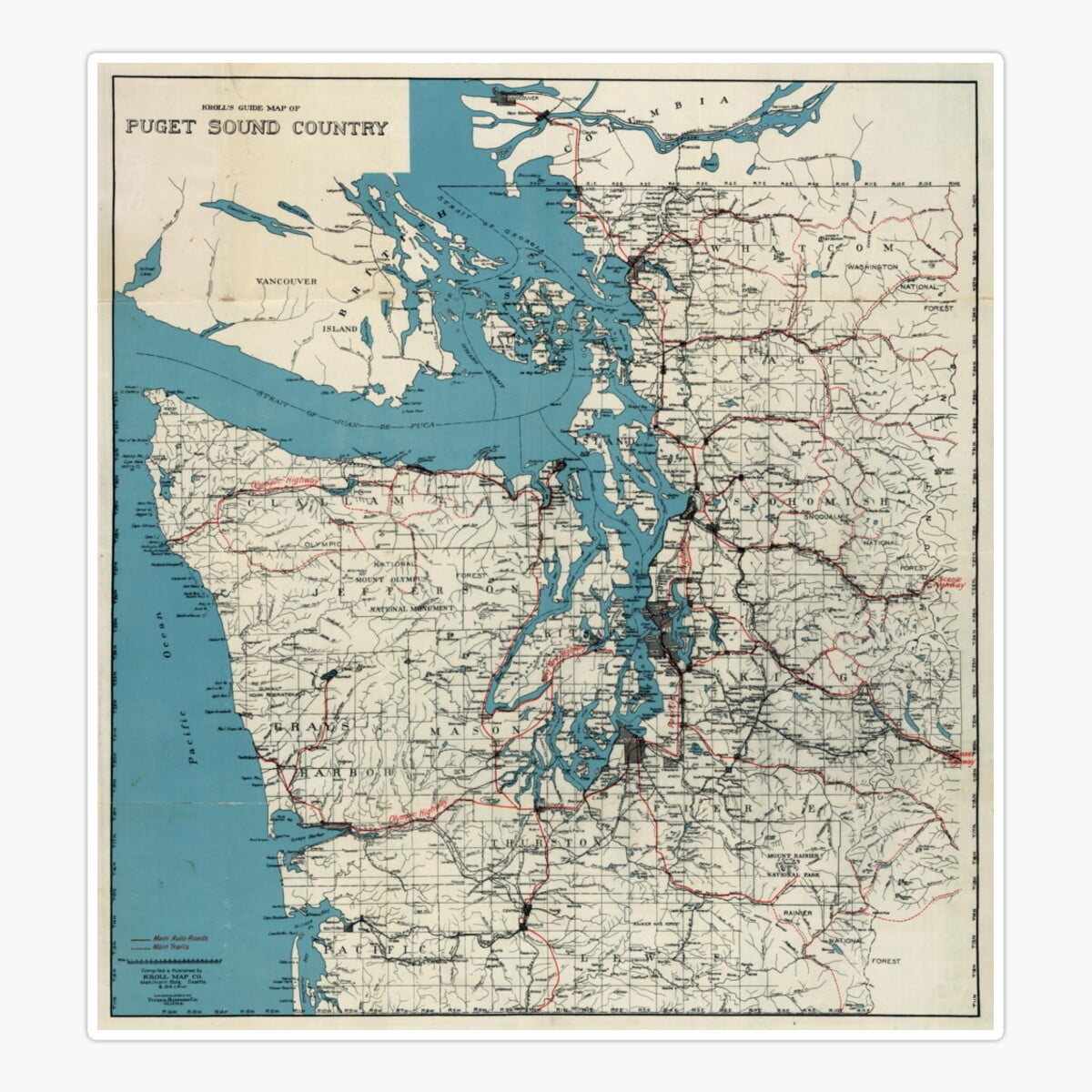 Maneki Vintage Map O The Puget Sound (1919) Sticker, Phone Decal Water ...