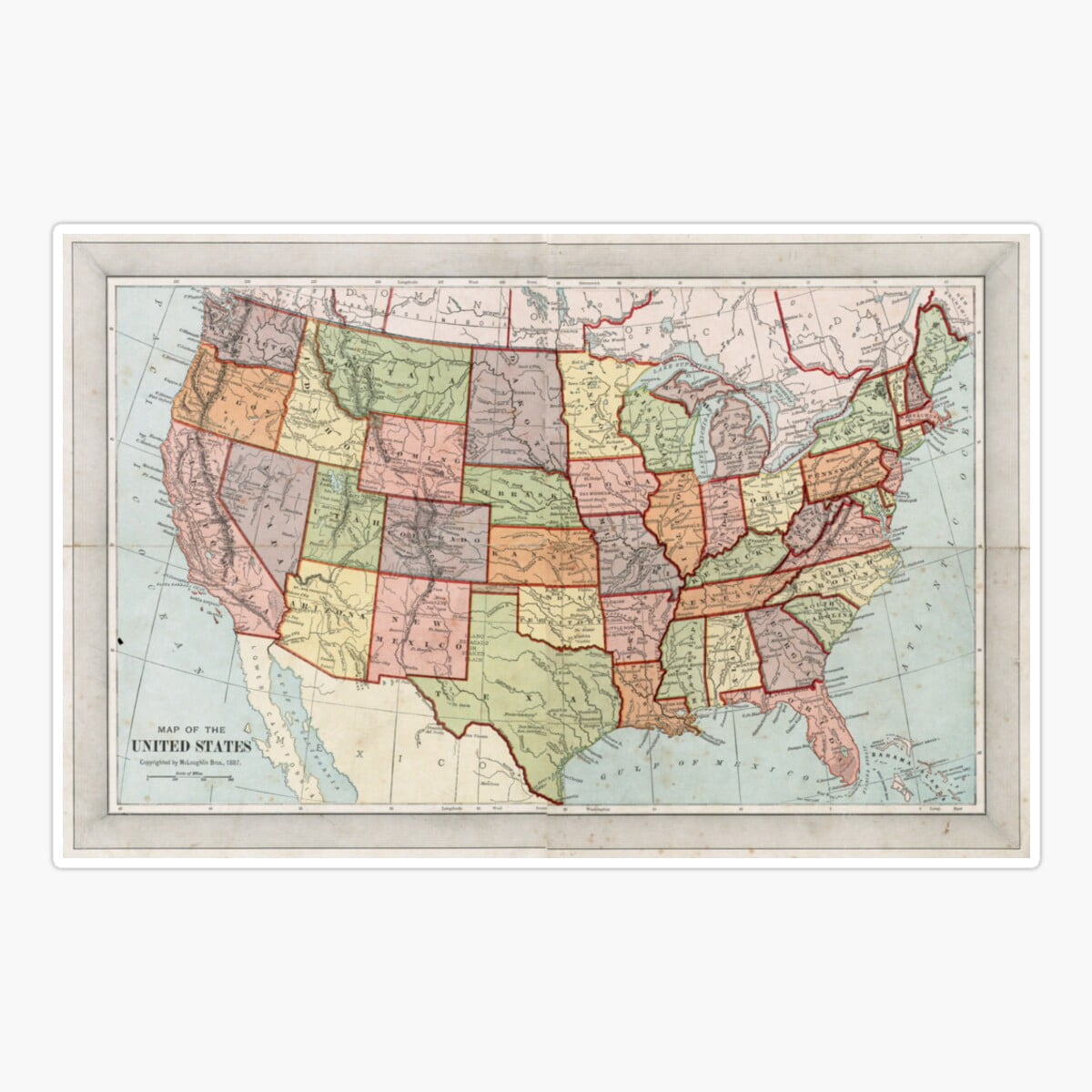 Maneki Vintage Map O The United States (1887) Sticker, Phone Decal ...