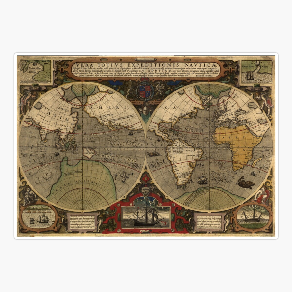 Maneki Vintage Map O The World (1595) Sticker, Phone Decal Water Bottle ...