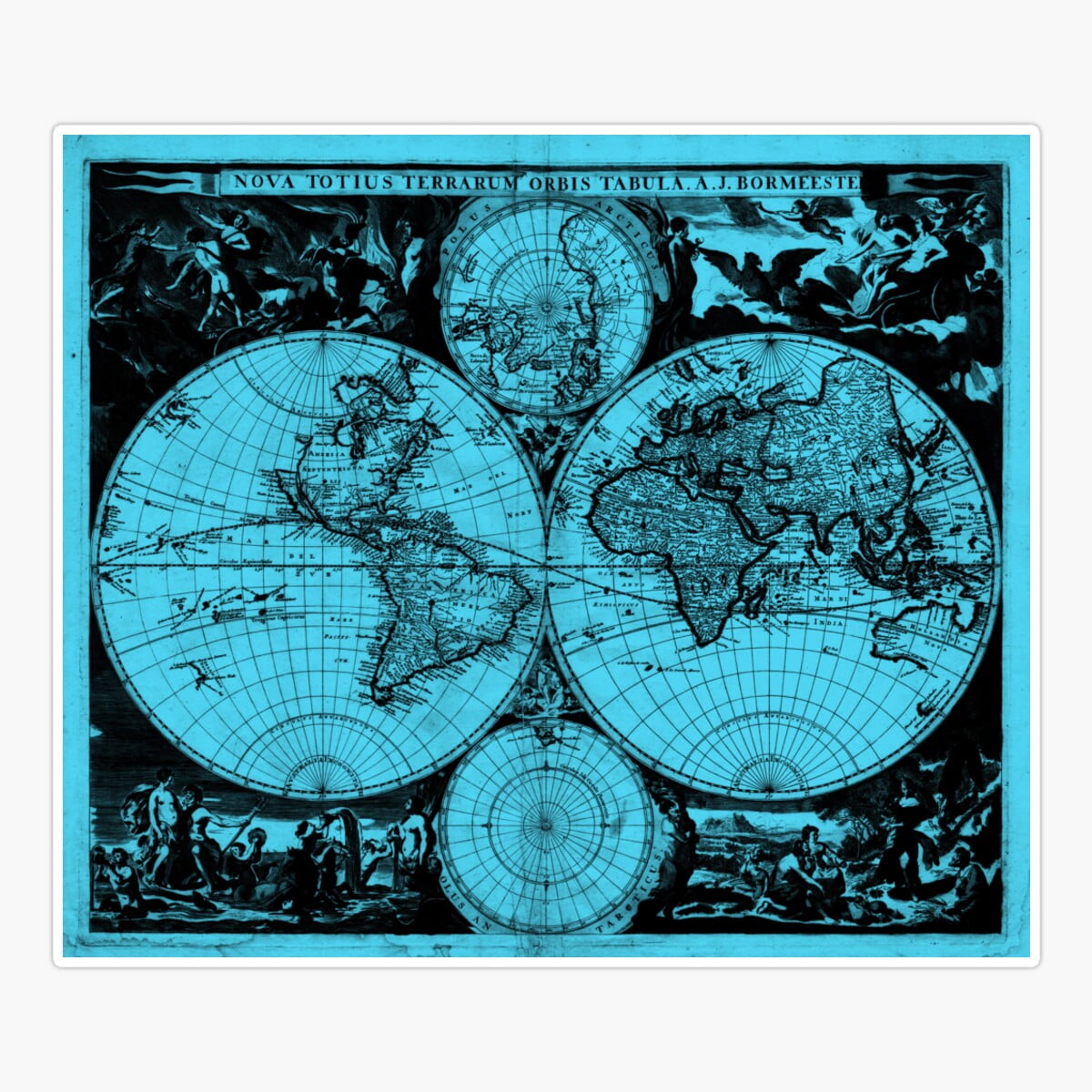 Maneki Vintage Map O The World (1685) Black & Light Blue Sticker, Phone ...