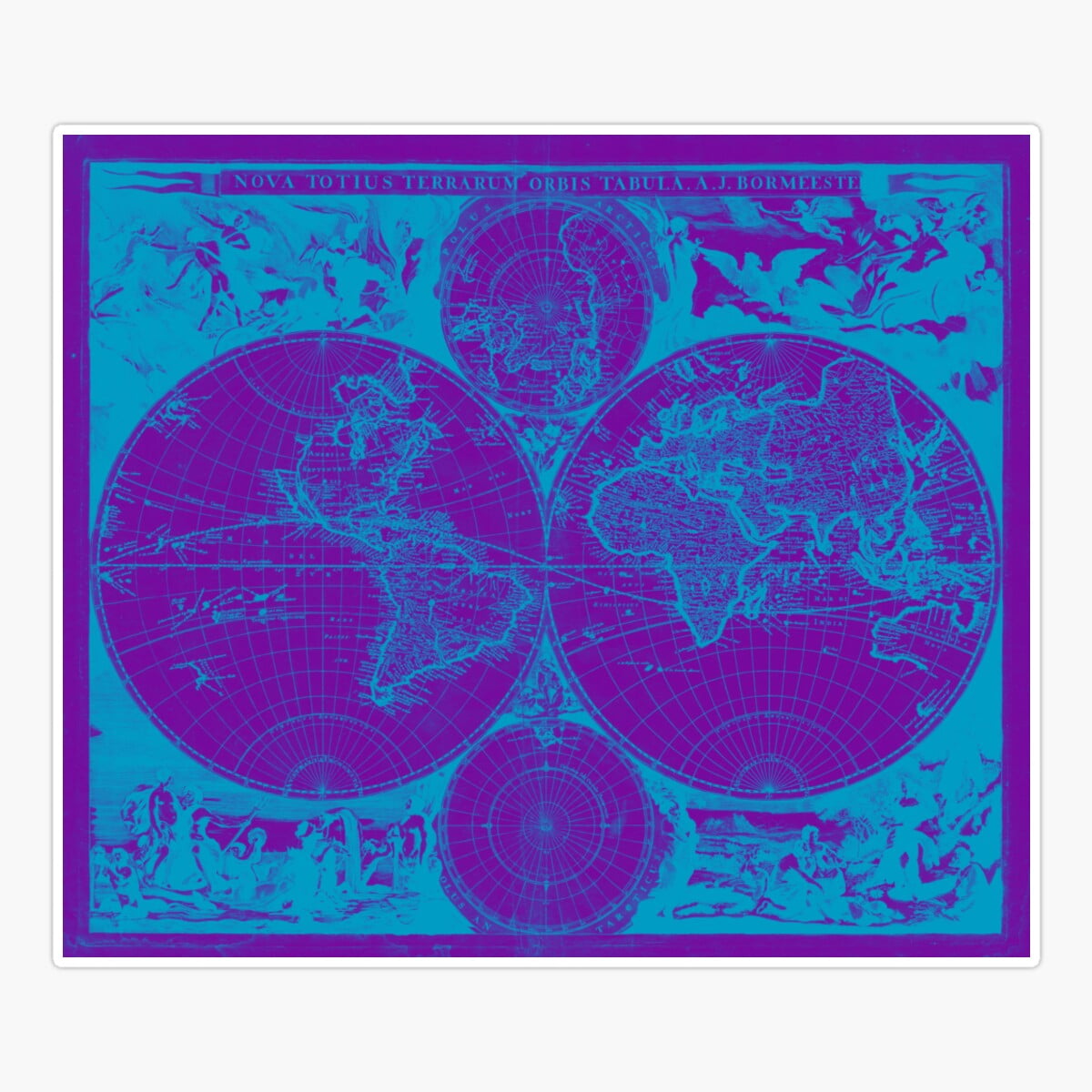 Maneki Vintage Map O The World (1685) Blue & Purple Sticker, Phone ...