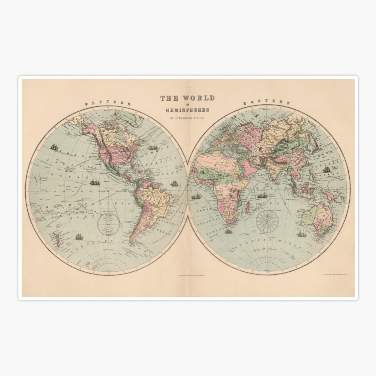 Maneki Vintage Map O The World (1873) Sticker, Phone Decal Water Bottle ...