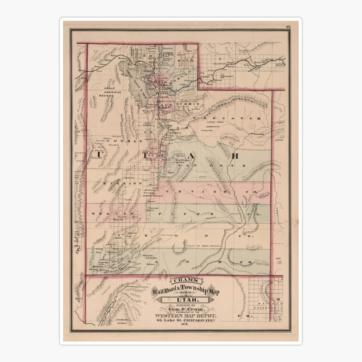 Maneki Vintage Map O Utah (1878) Sticker, Phone Decal Water Bottle ...