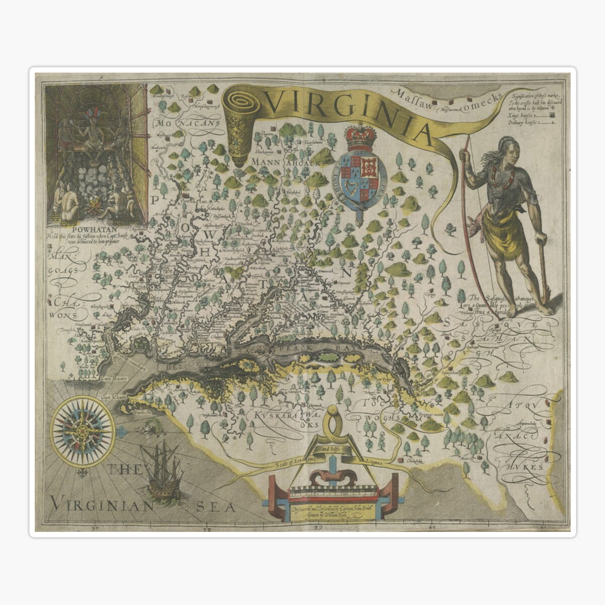 Maneki Vintage Map O Virginia (1618) Sticker, Phone Decal Water Bottle ...